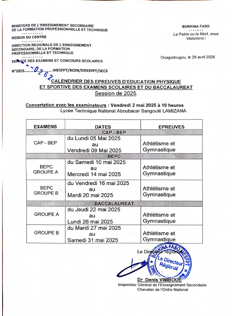 Calendrier EPS CAP BEP BEPC BAC 2025 | PDF
