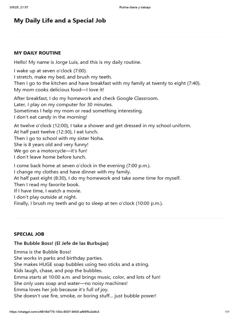 Rutina Diaria y Trabajo | PDF