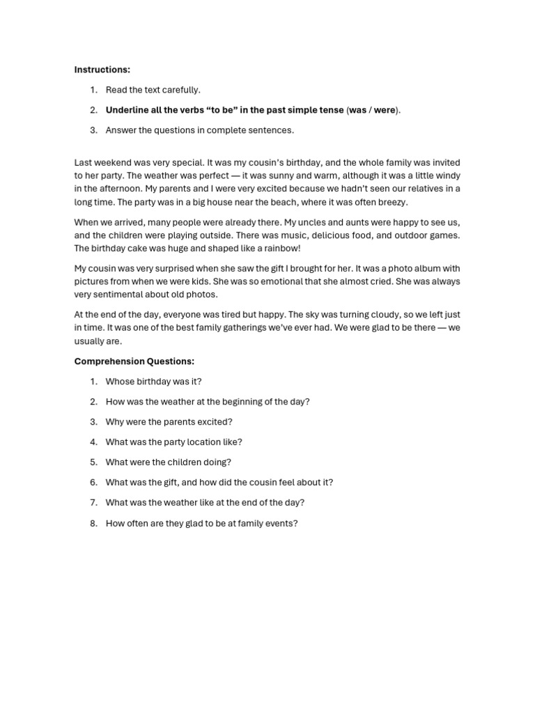 Past Simple "To Be" Comprehension Exercise | PDF