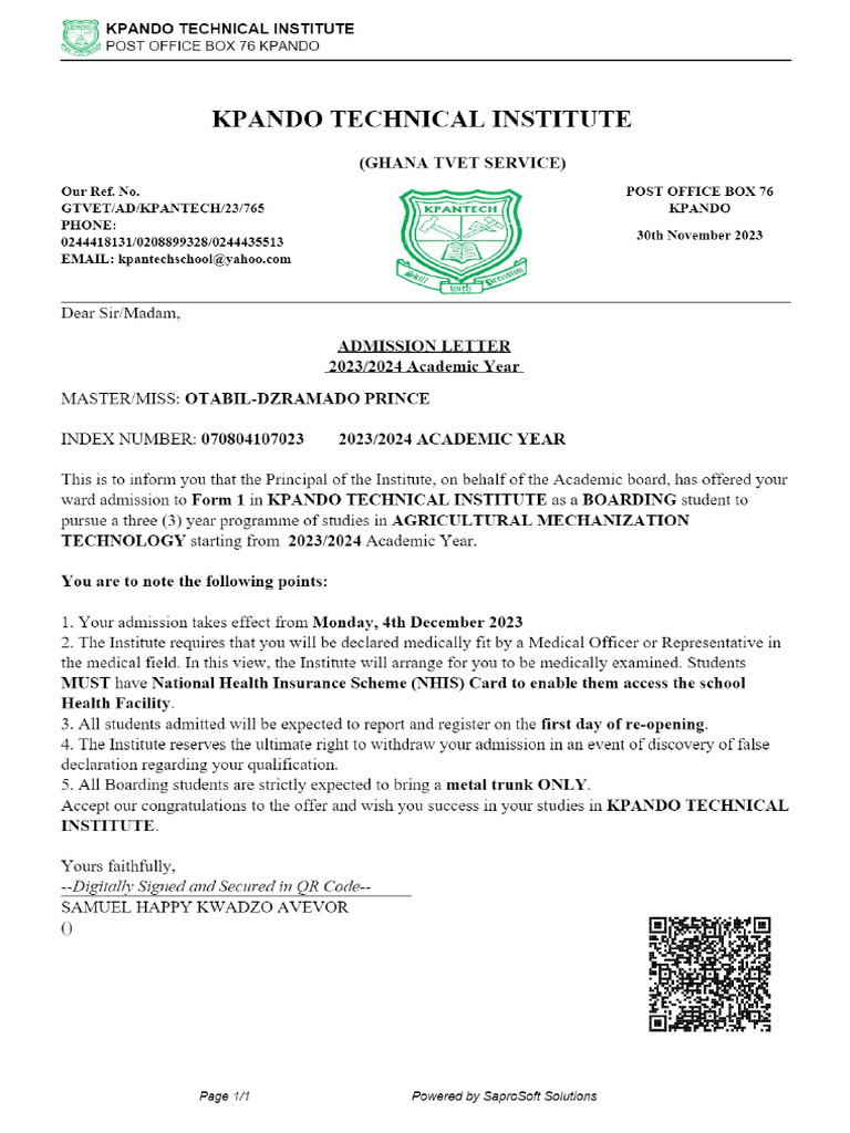 KPANTECH_admin_letter DRAMADO PRINCE | PDF