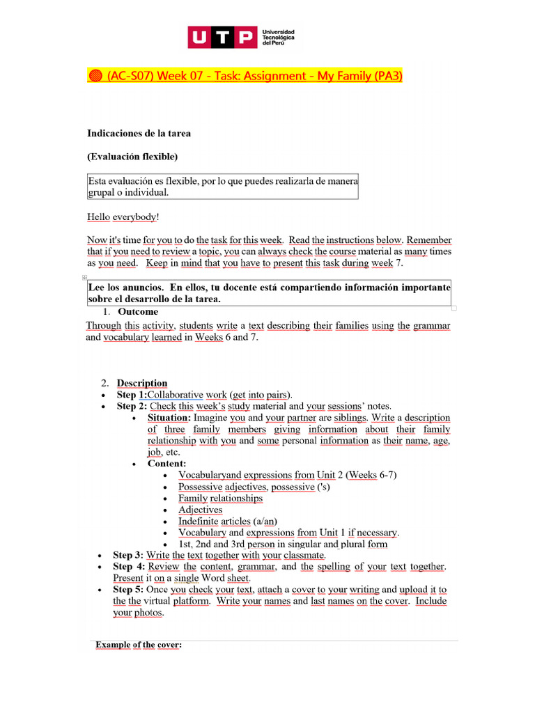 ? (AC-S07) Week 07 - Task Assignment - My Family (PA3) (INGLES 1) - TERMINADO | PDF