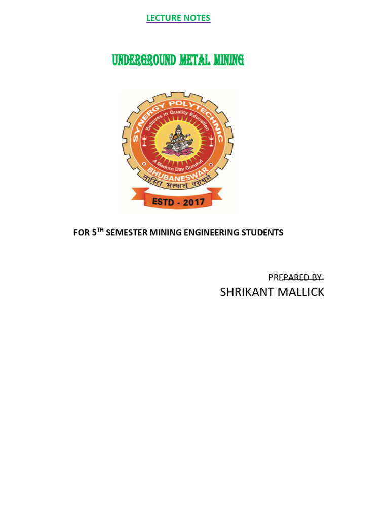 Underground Metal Mining Leture Note 5th Sem | PDF | Mining