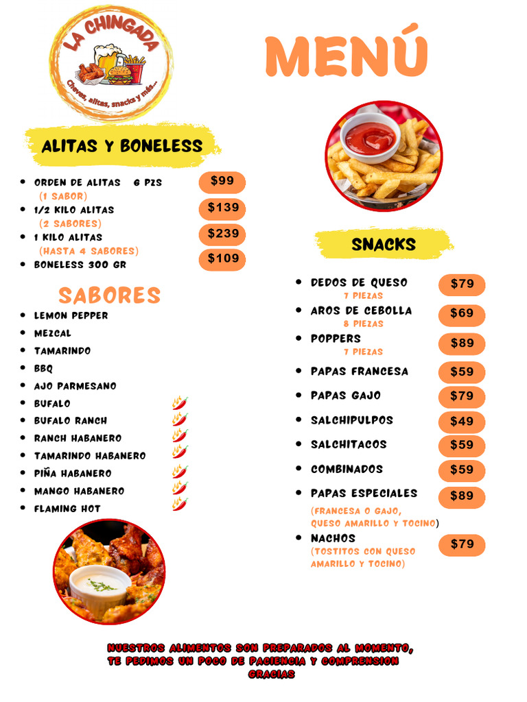 Menú de Alitas y Snacks Variados | PDF | Salchicha | Alimentos