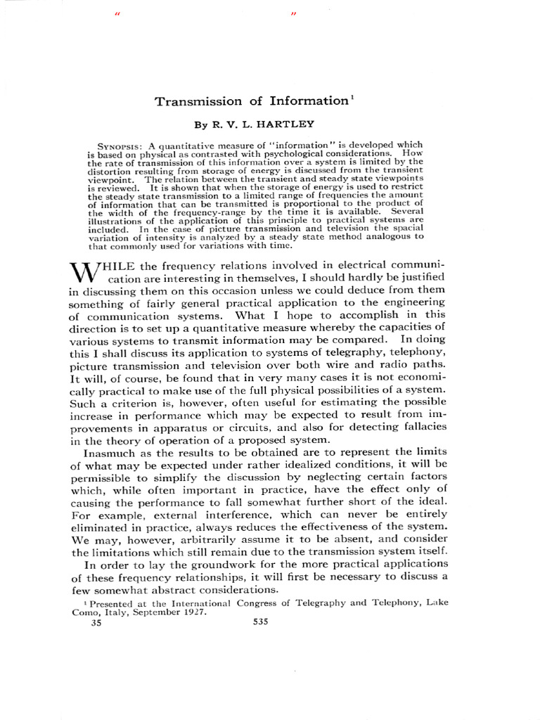 Hartley Ralph 1928 Transmissio of Information | PDF