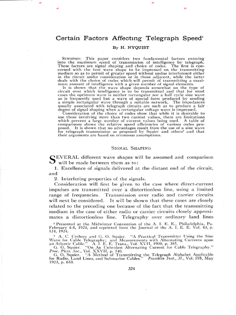 Nyquist Harry 1924 Certain Factors Affecting Telegraph Speed | PDF