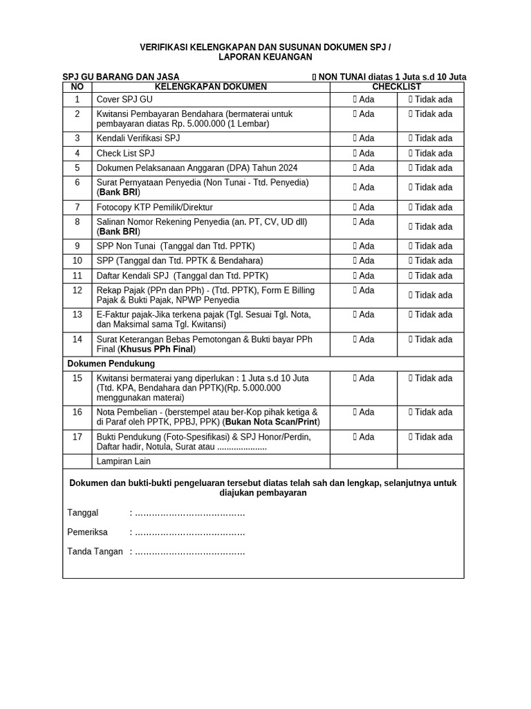 Checklist Kelengkapan SPJ Non Tunai | PDF