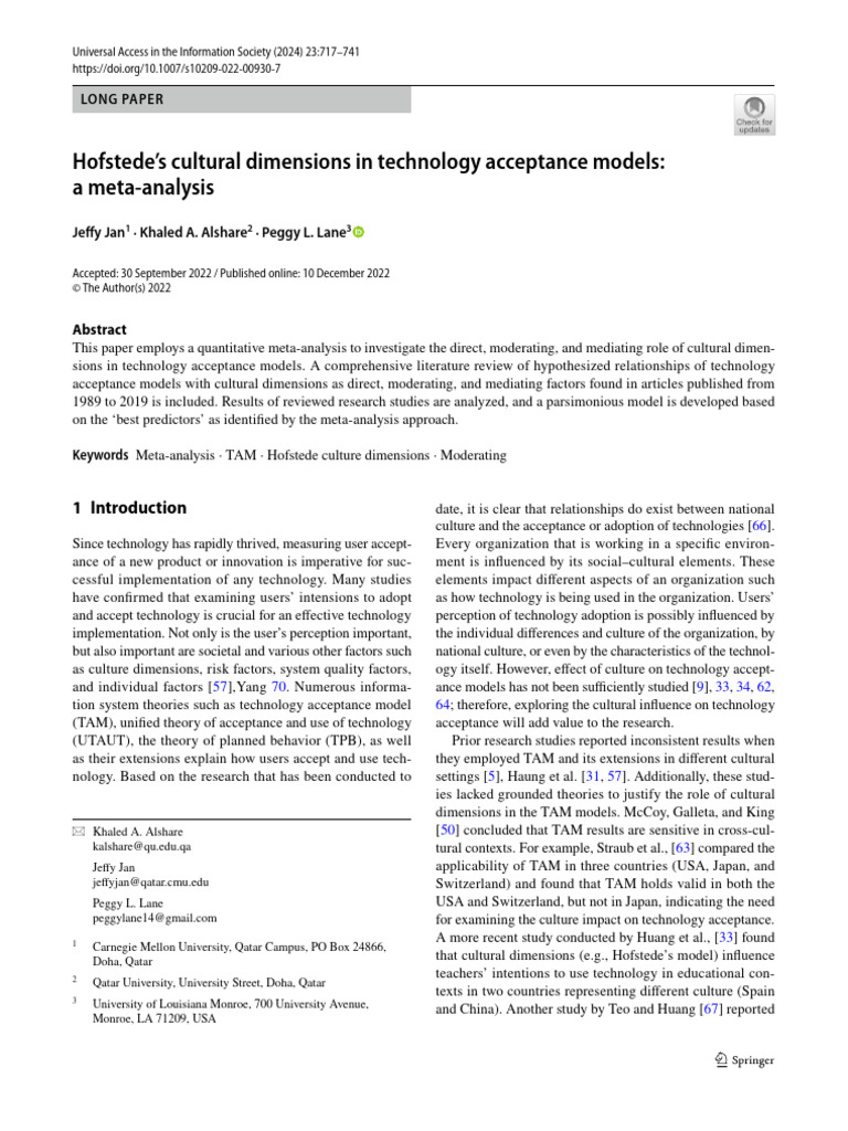 Hofstede's Cultural Dimensions in Technology Acceptance Models: A Meta ...