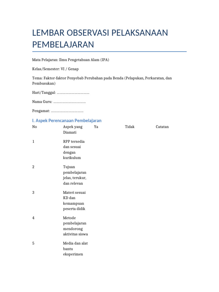 Lembar Observasi RPP IPA Kelas6 | PDF