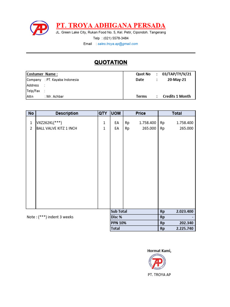 Quotation for PT. Troya Adhigana Persada | PDF