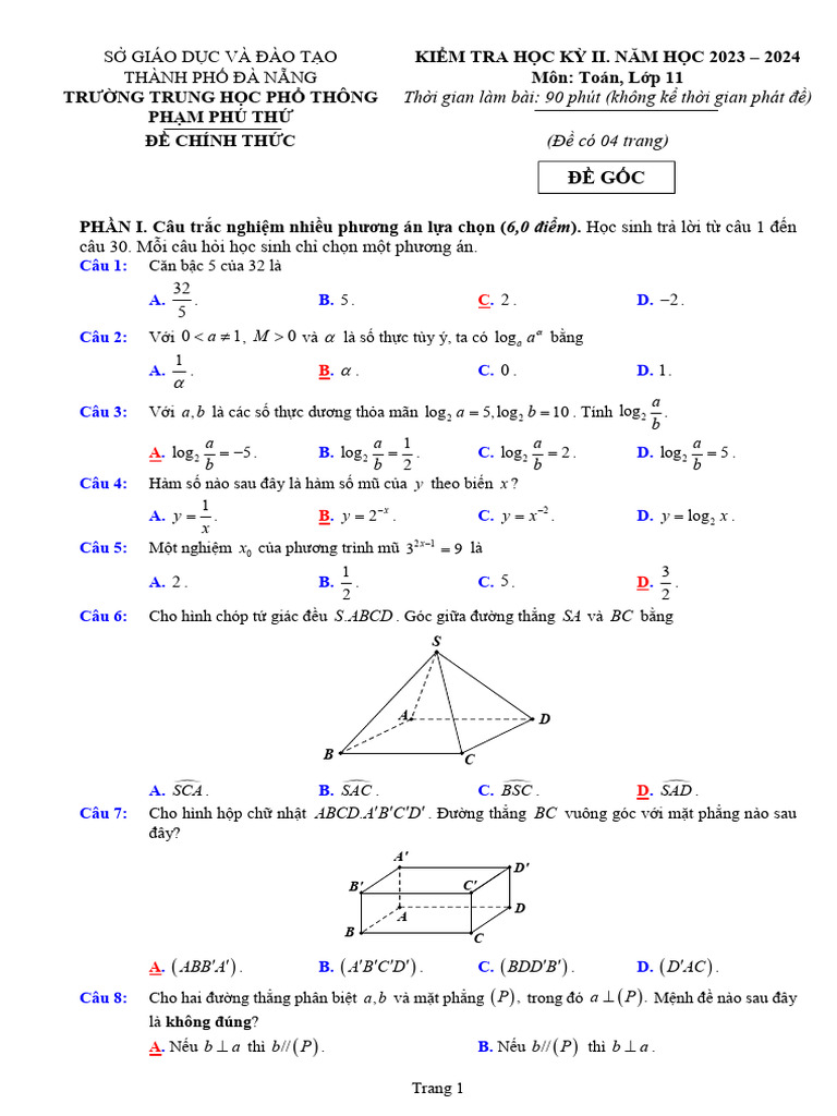 De Hoc Ky 2 Toan 11 Nam 2023 2024 Truong THPT Pham Phu Thu Da Nang | PDF