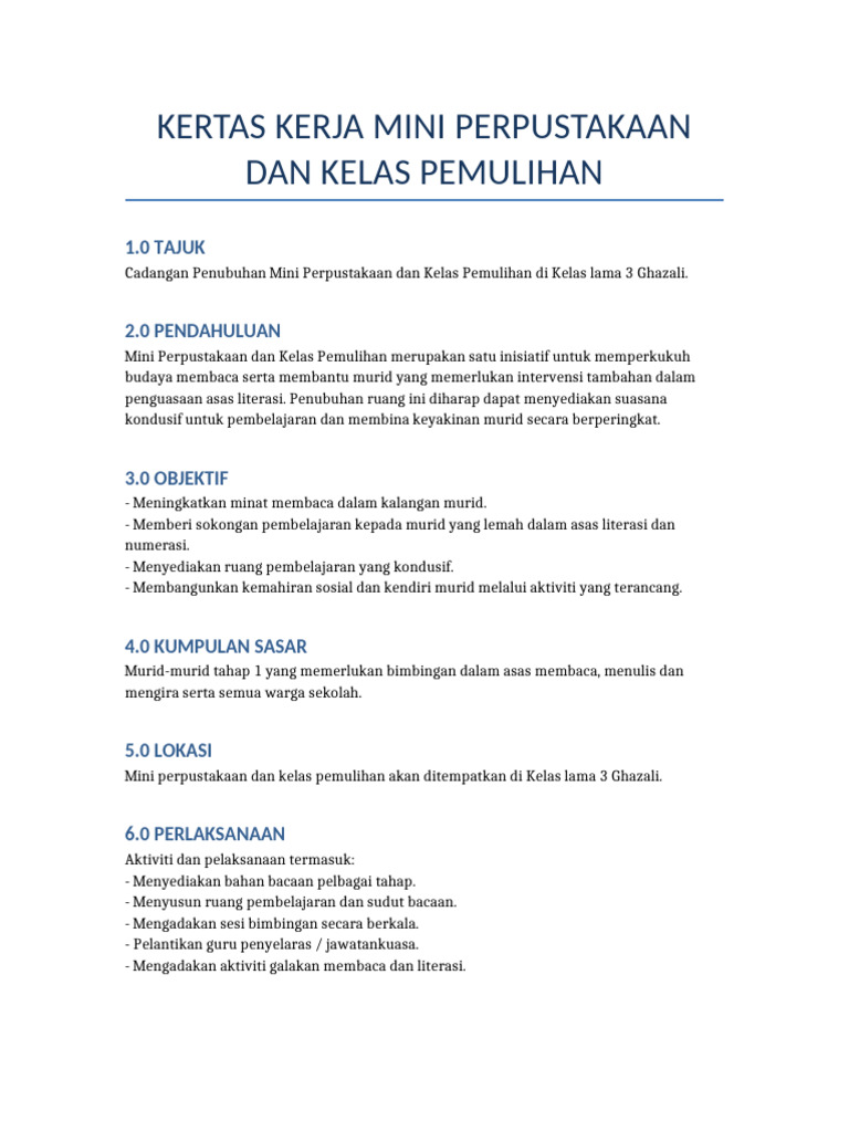 Kertas Kerja Mini Perpustakaan Dan Kelas Pemulihan | PDF
