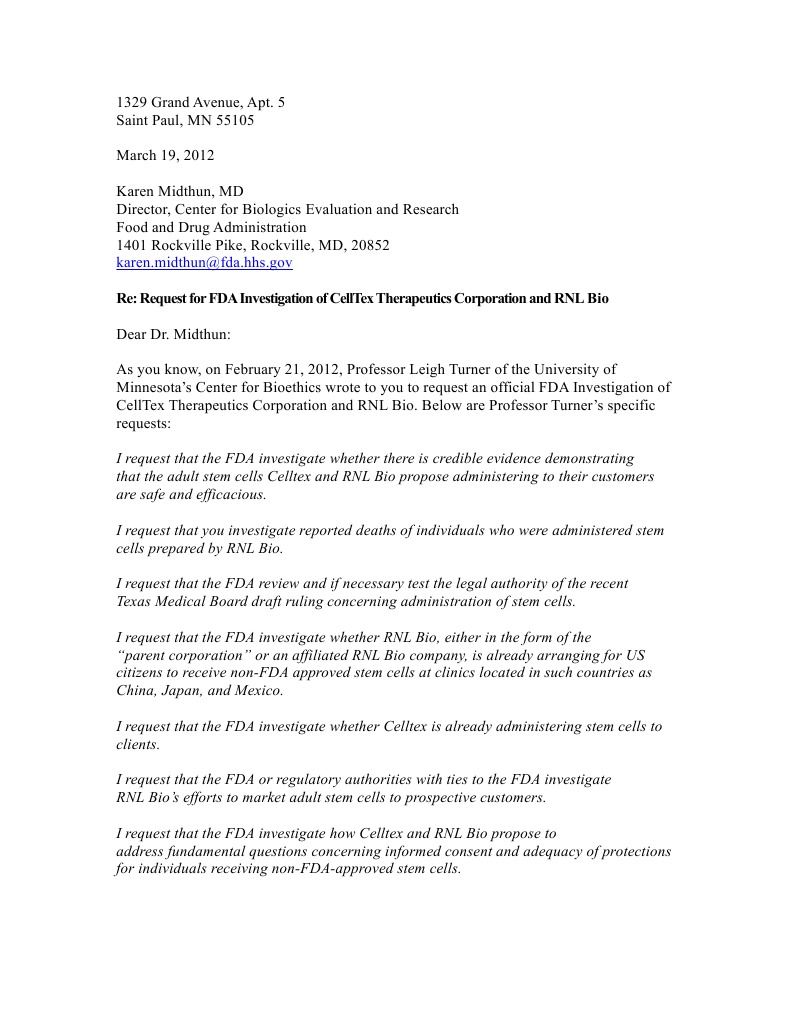 McGeachy FDA Letter Regarding CellTex and RNL Bio | Food And Drug ...