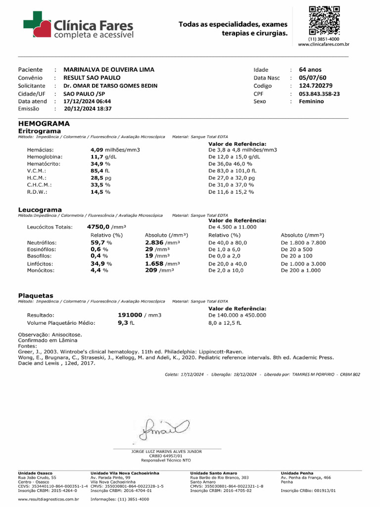 WebLaudos - Clinica Fares - MARINALVA DE OLIVEIRA LIMA (Versão 1.1 Build 832) | PDF
