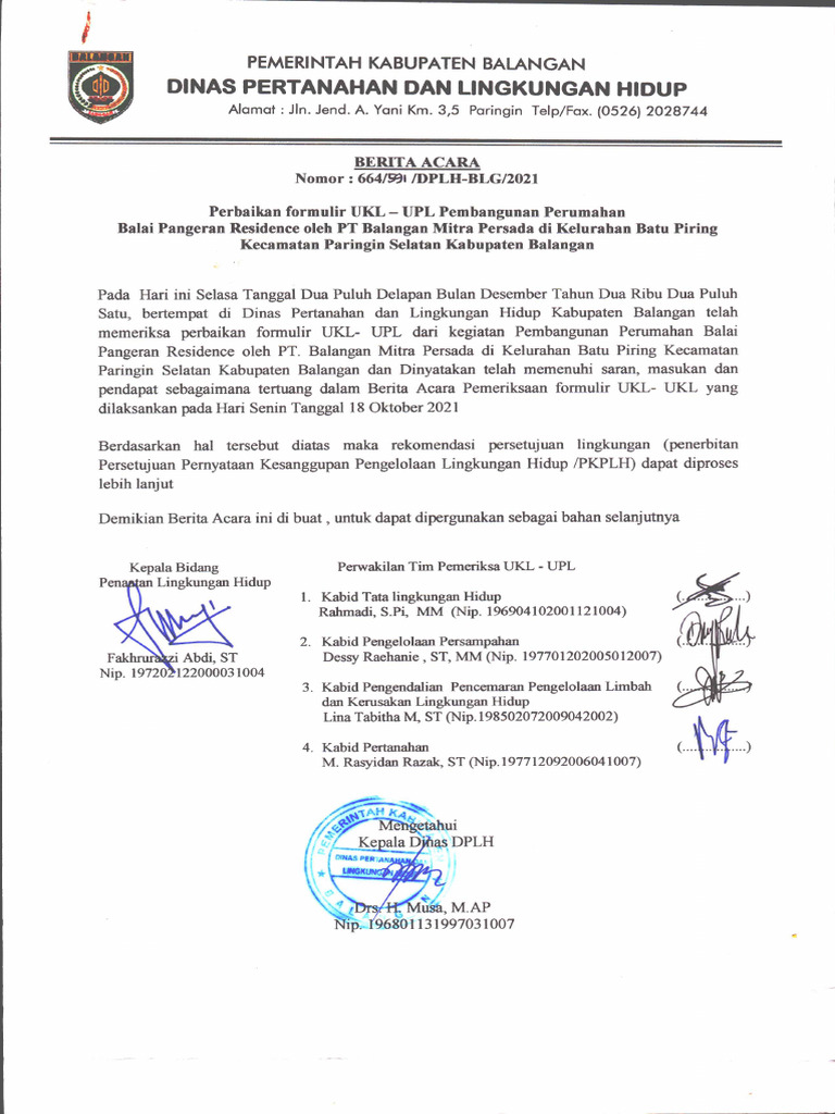 Rekomendasi Persetujuan Lingkungan (PKPLH) | PDF