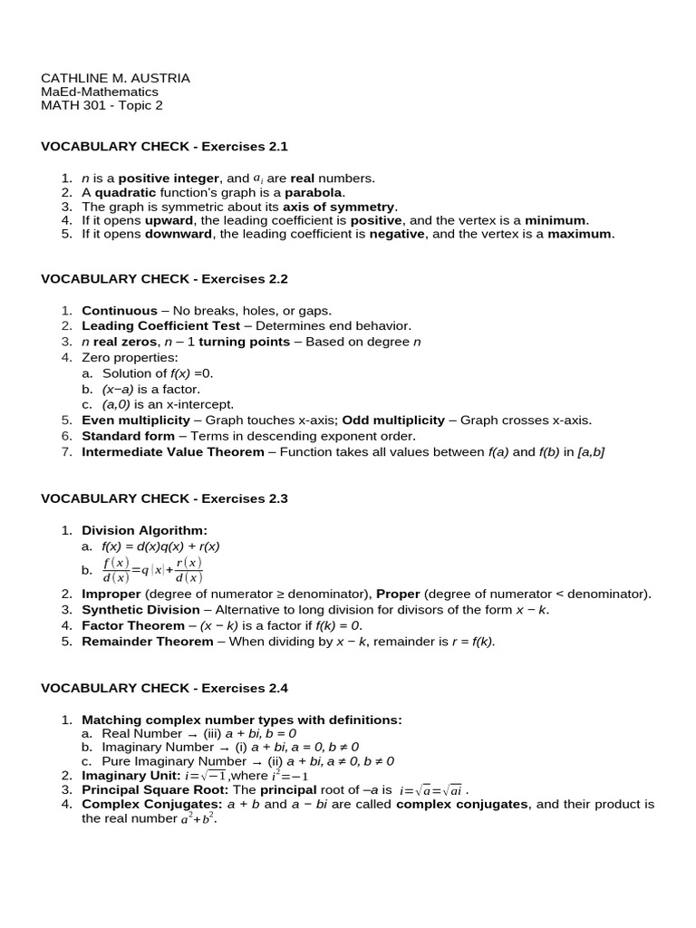 AUSTRIA, Cathline M. - MATH301-Section2-VOCABULARY CHECK FOR TOPIC 2 ...