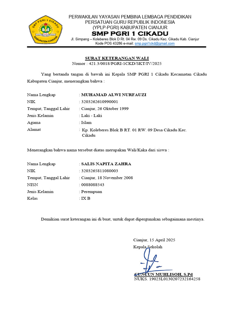 SURAT KETERANGAN WALI PIP Salis | PDF
