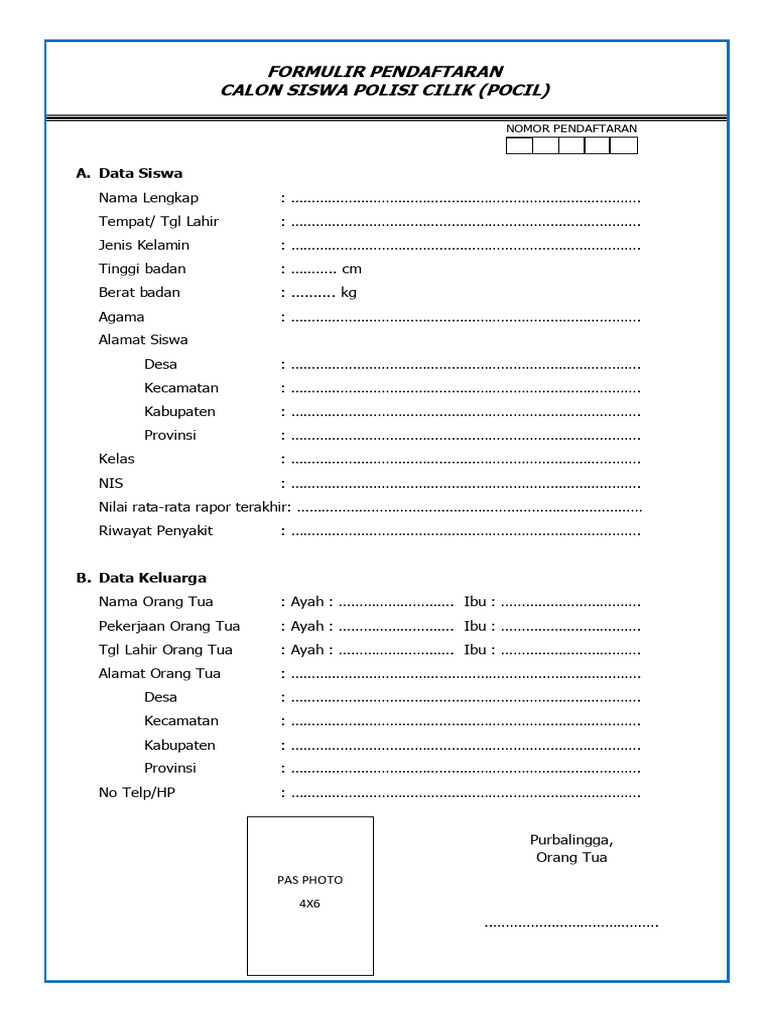 Formulir Pendaftaran Pocil & Surat Pernyataan Ortu | PDF