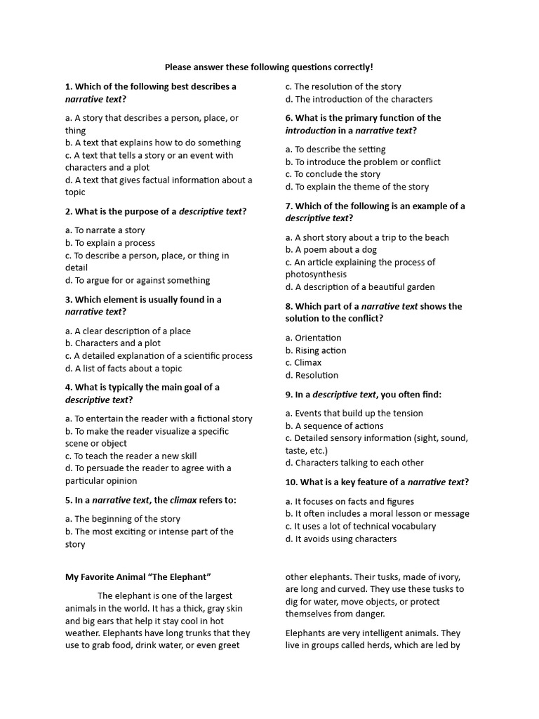 Narrative and Descriptive Text Quiz | PDF | Elephant | Narrative