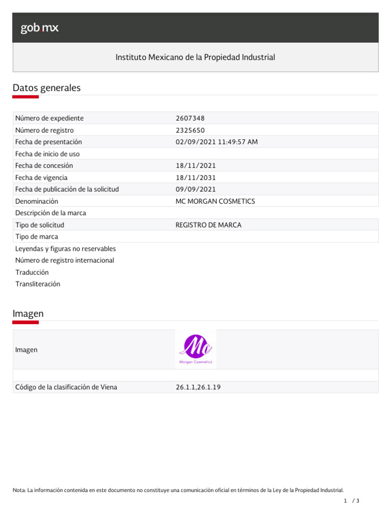 Registro de Marca MC Morgan Cosmetics | PDF