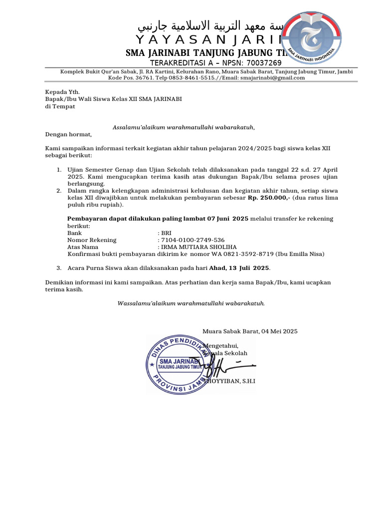 Surat Pemberitahuan Kelas Xii | PDF