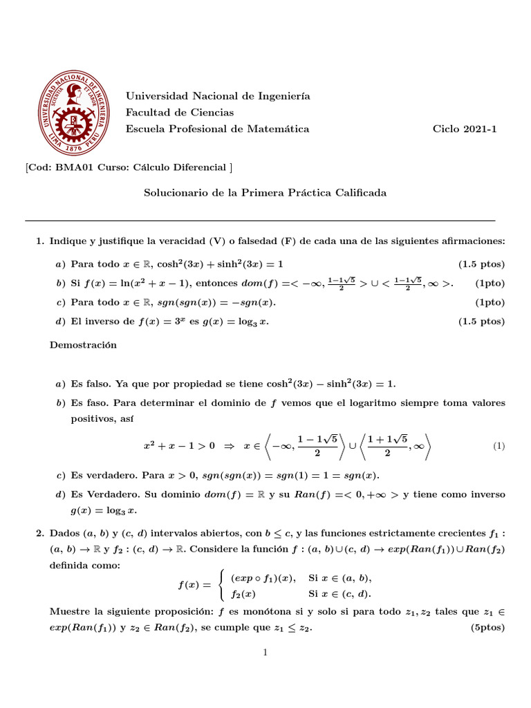 BMA01-2021-1-PC1-SOL | PDF | Funciones y mapeos | Matemáticas