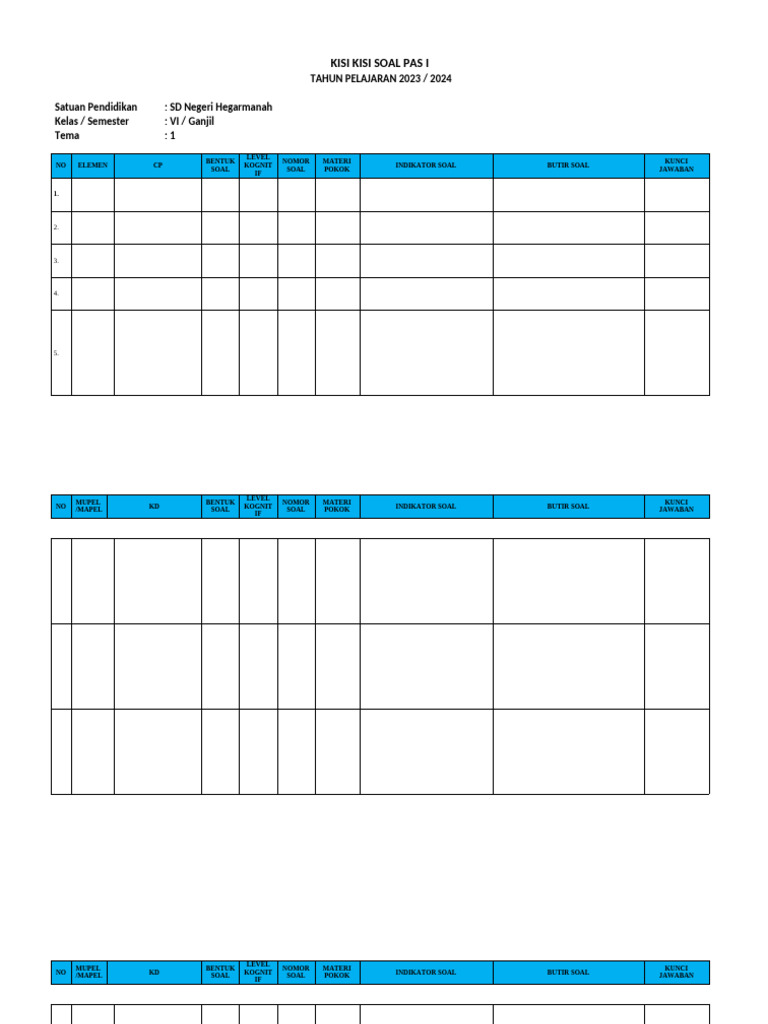 Format Kisi-Kisi Pas Kelas 1 | PDF