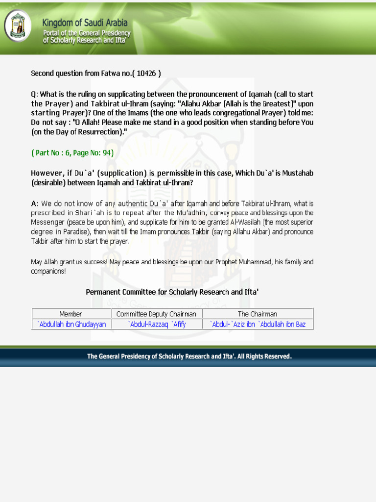 Fatwa Alifta Salah 1850 | PDF