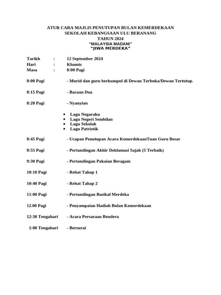 Atur Cara Majlis Penutupan Bulan Kemerdekaan | PDF