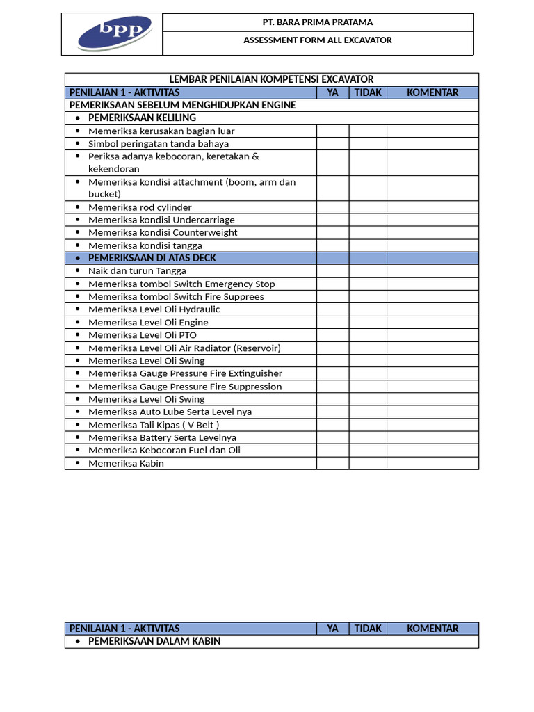 Assessment Form All Excavator | PDF
