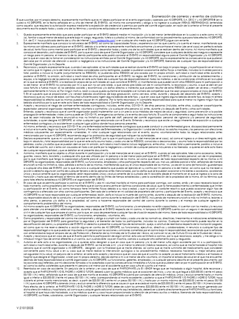 Exoneración Carreras y Eventos de Ciclismo. 2102025 | PDF | Daños y ...