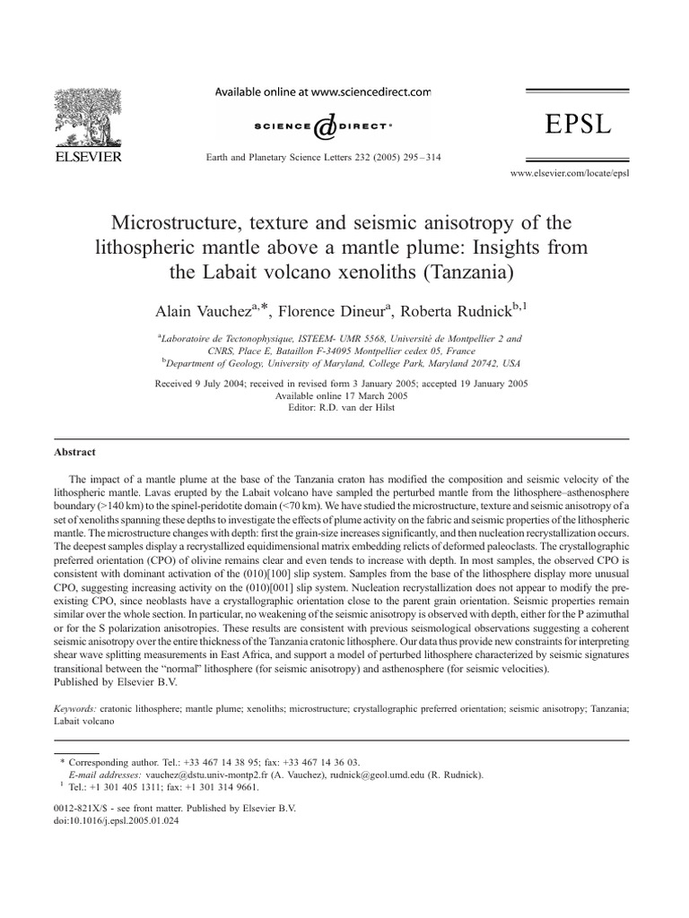 Microstructure Texture and Seismic Anisotropy of The Lit 2005 Earth and Pla | PDF | Rift | Geology