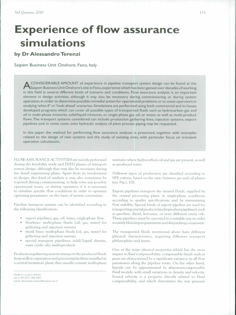 Terenzi - Experience of Flow Assurance Simulations | PDF | Fluid Dynamics | Gases