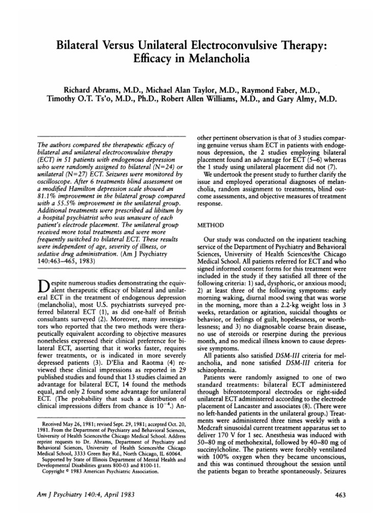 2006 Bilateral Versus Unilateral Electroconvulsive Therapy Efficacy in ...