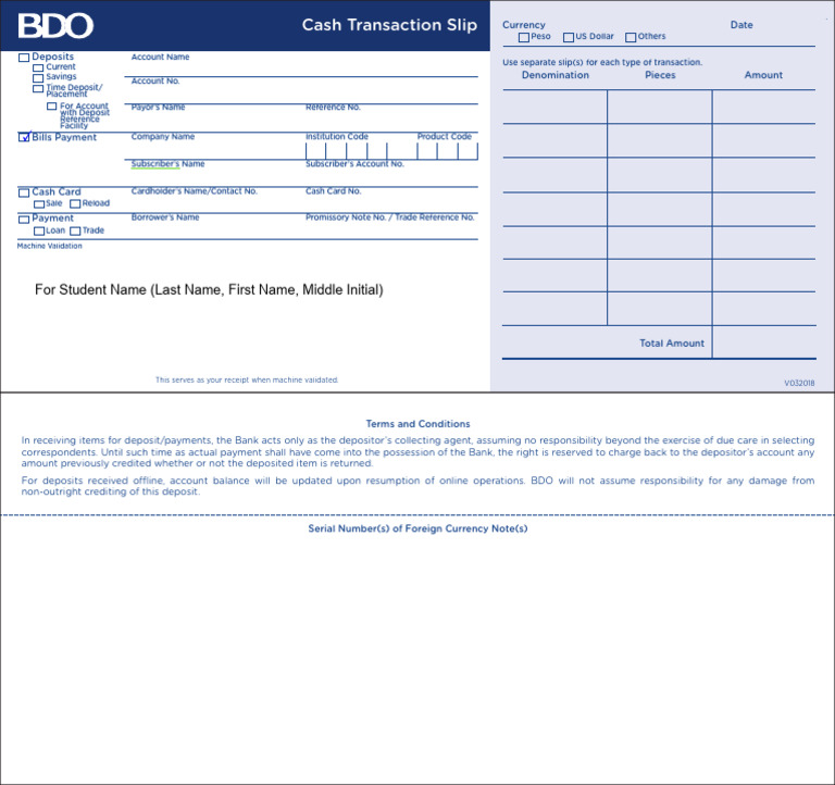 BDO Cash Transaction Slip Guide | PDF | Cash | Payments