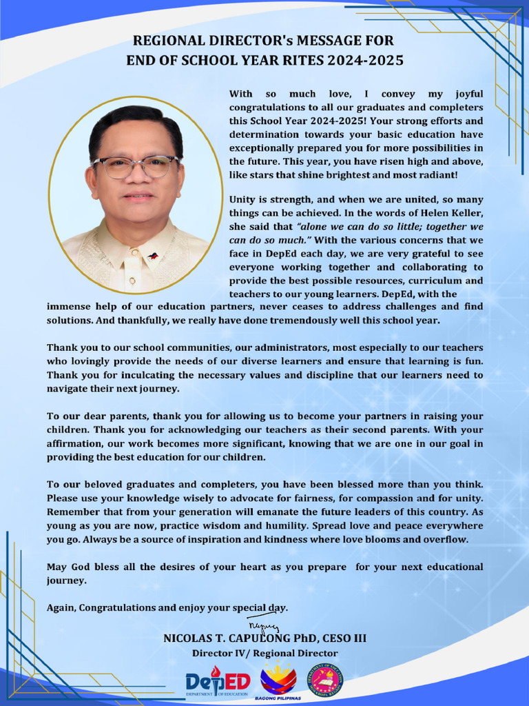 Regional Directors Message For End of School Year Rites 2024 2025 | PDF