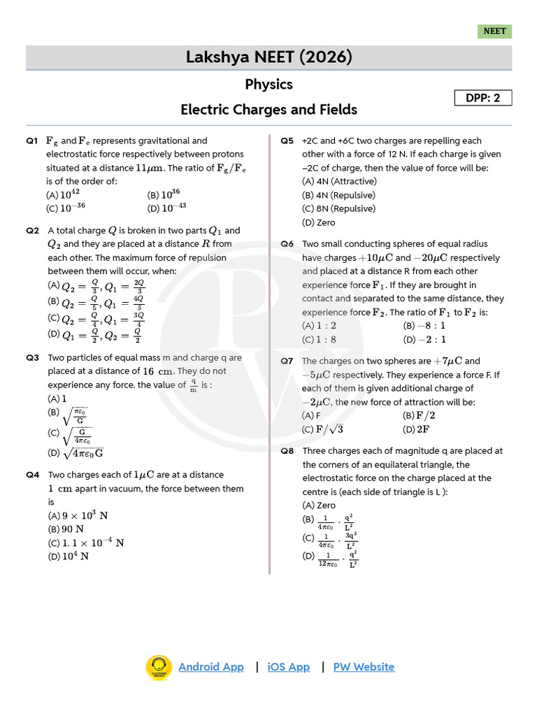 Electric Charges and Fields: DPP 02 (Of Lec 05) | PDF | Force | Physical Sciences