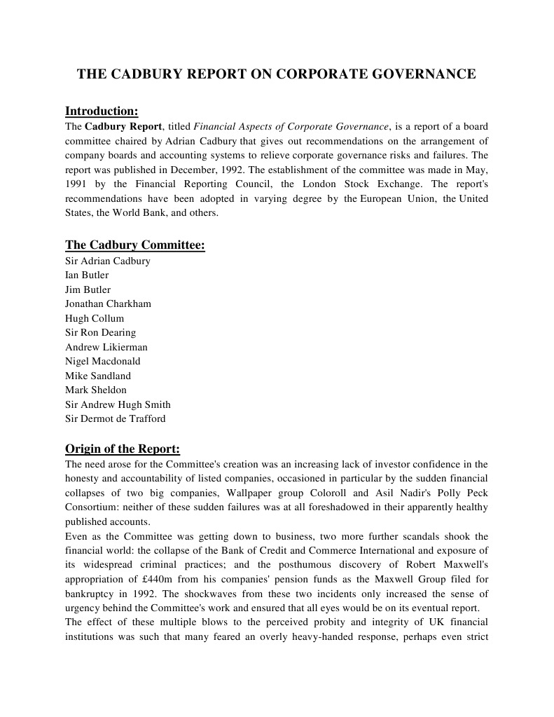 The Cadbury Report On Corporate Governance | PDF | Board Of Directors ...