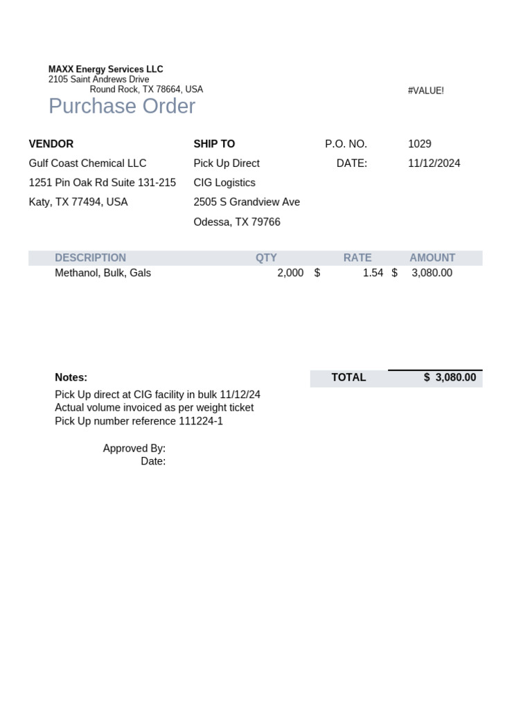 Bulk Methanol Purchase Order 1029 | PDF