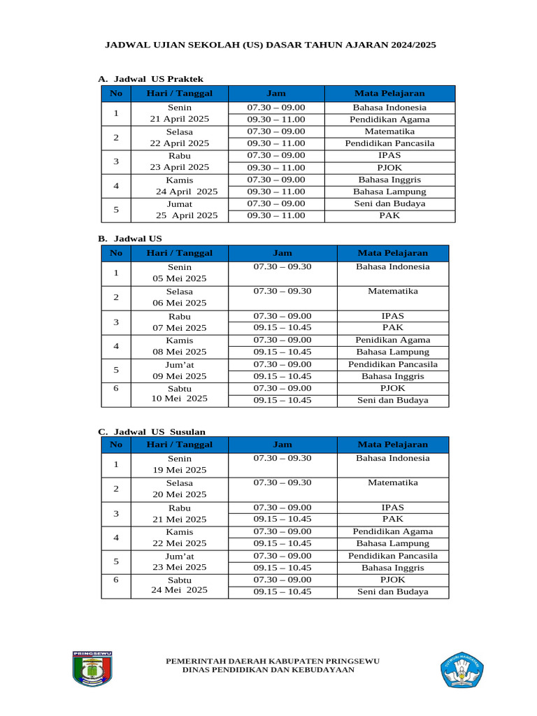 Jadwal Ujian Sekolah Dasar Tahun Ajaran 2025 | PDF