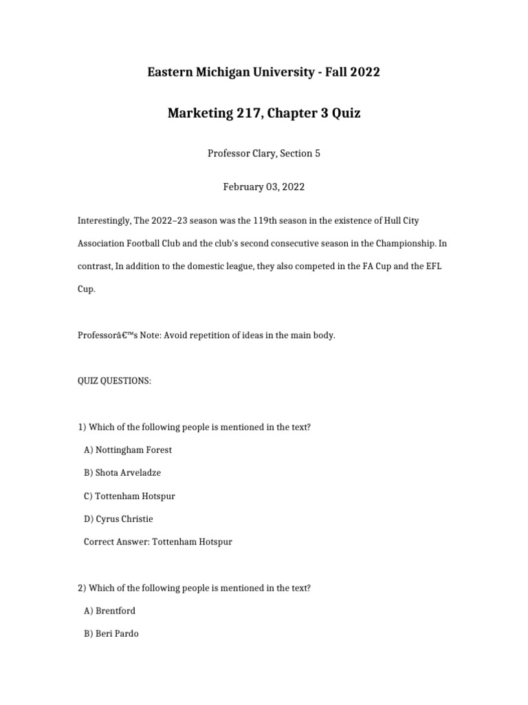 Marketing 217 Chapter 3 Quiz | PDF