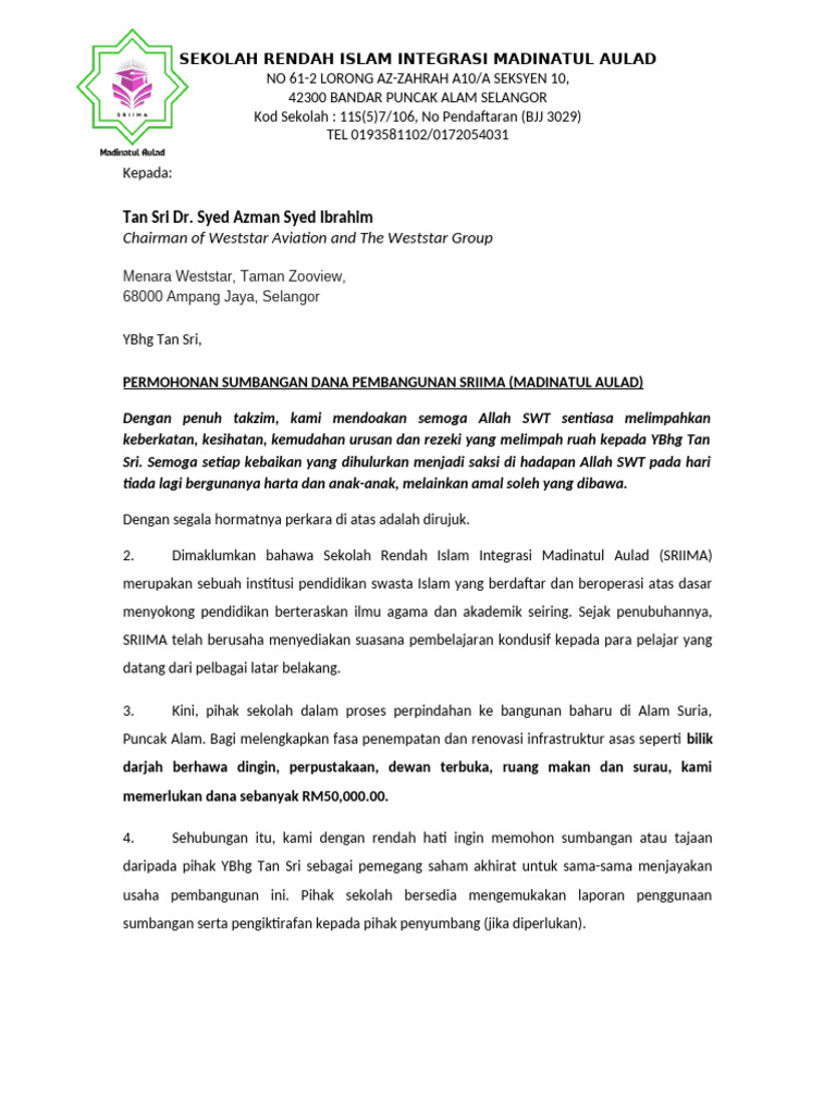 Surat - Permohonan - Sumbangan - SRIIMA (Tan Sri Syed Azman) | PDF