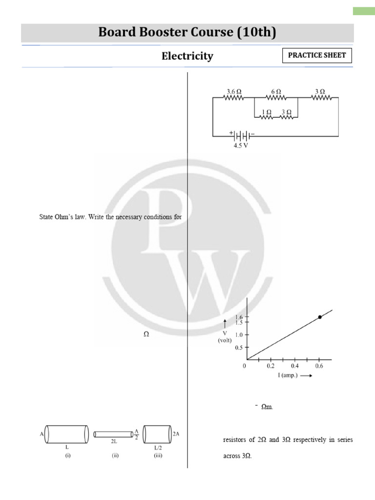 Physics 03 - Electricity - Practice Sheet - (10th Board Booster) | PDF | Voltage | Resistor