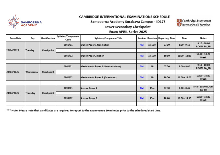 Examinations Schedule Checkpoint - G8 MJ SERIES 2025 - Parents | PDF ...