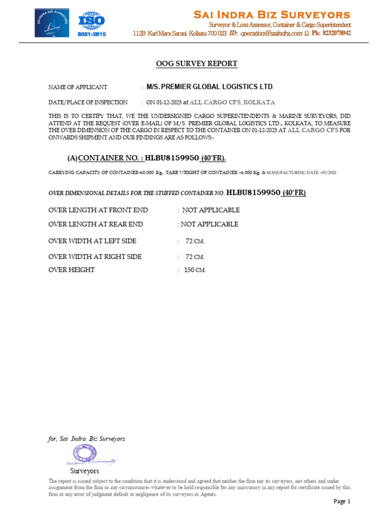 OOG Cargo Inspection Report | PDF