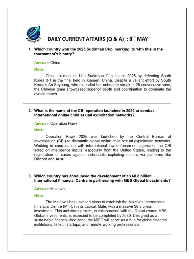 Daily Current Affairs Q&A 8th May | PDF | Economies