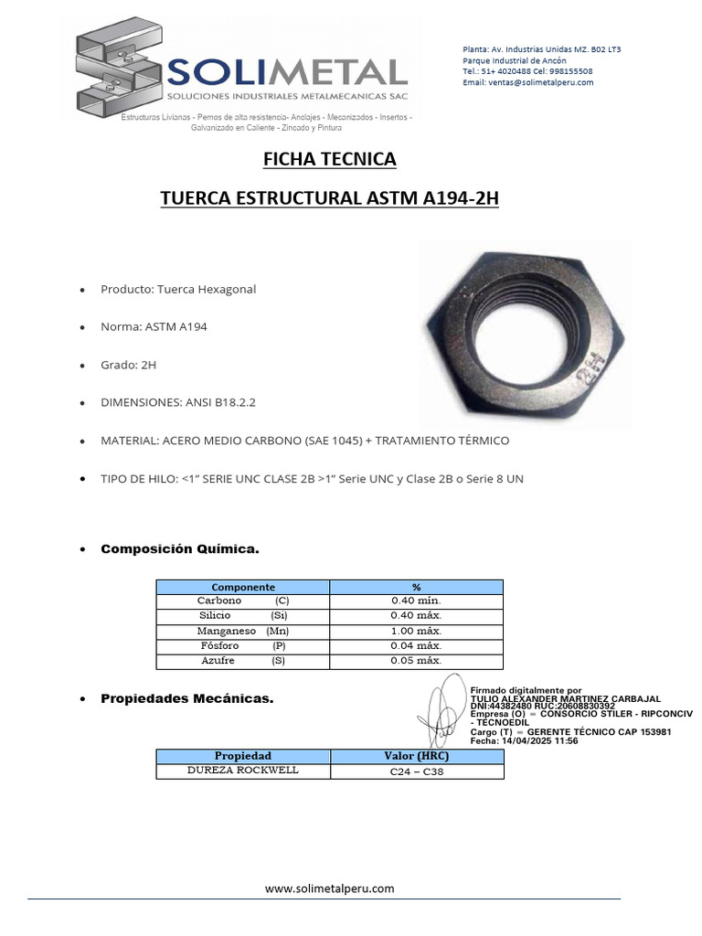 Tuerca 2H Pesada Negro - FTS (1) - Signed | PDF | Elementos químicos | Ingeniería de Edificación