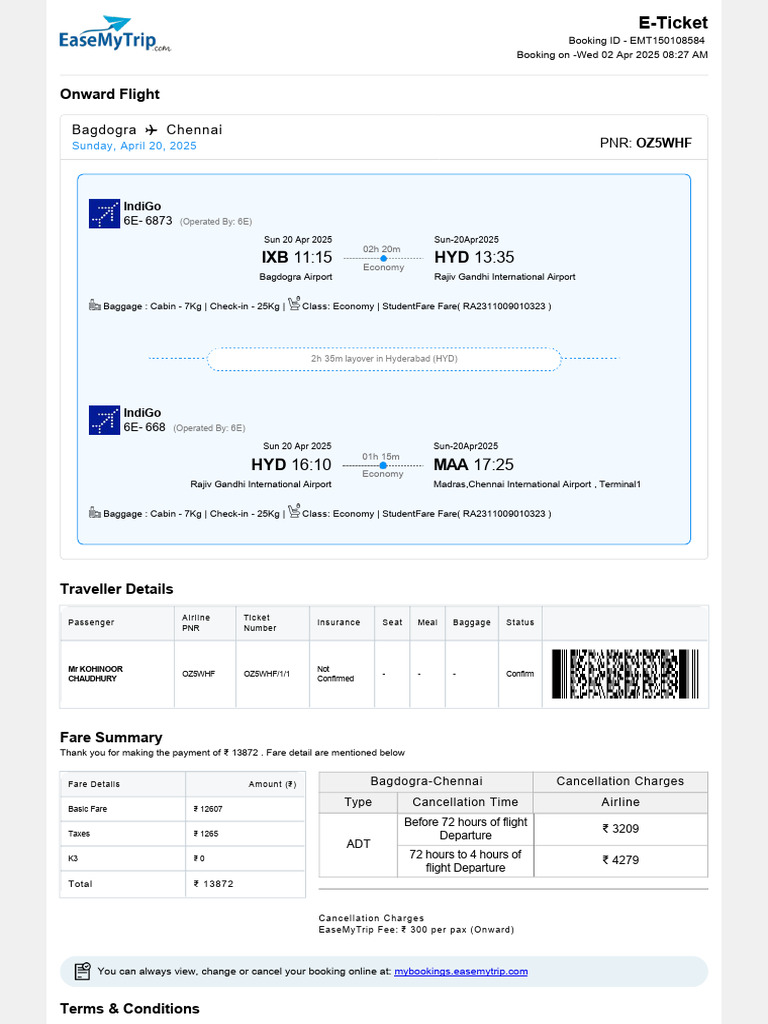 EaseMyTrip Flight E-Ticket for flights | PDF | Travel Visa