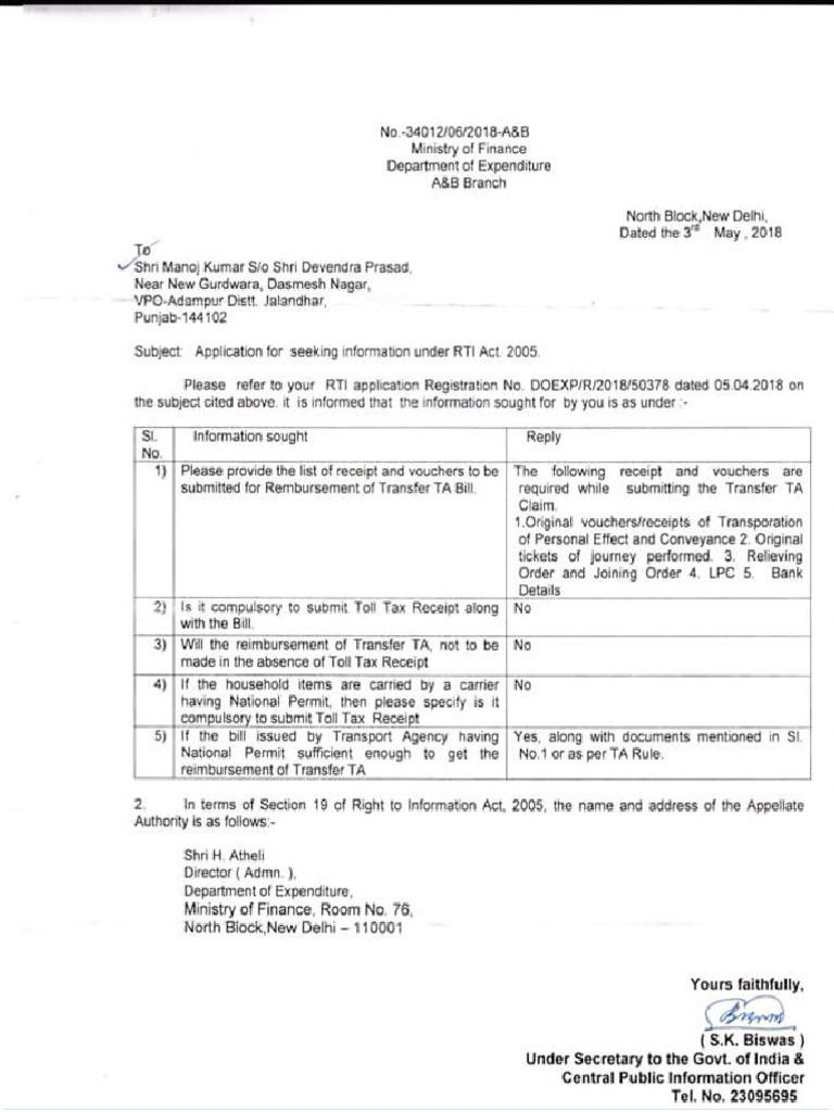 KVS RTI Transport TA Without Toll Receipt 03.05.18 | PDF
