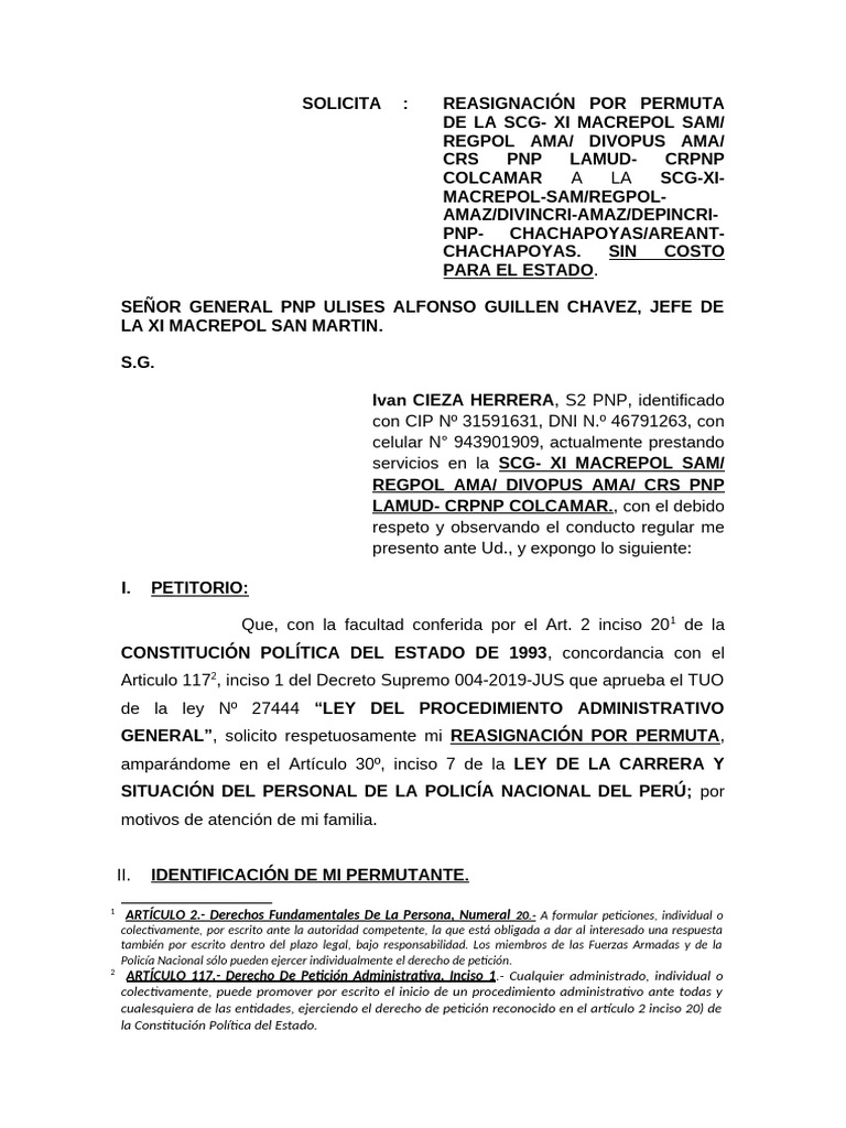 ROJAS TELLO Permuta SOLICI.... | PDF | Policía | Petición