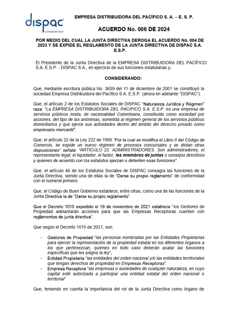 ACUERDO N. 006 de 2024 REGLAMENTO JUNTA DIRECTIVA DISPAC SA ESP | PDF | Junta Directiva | Business